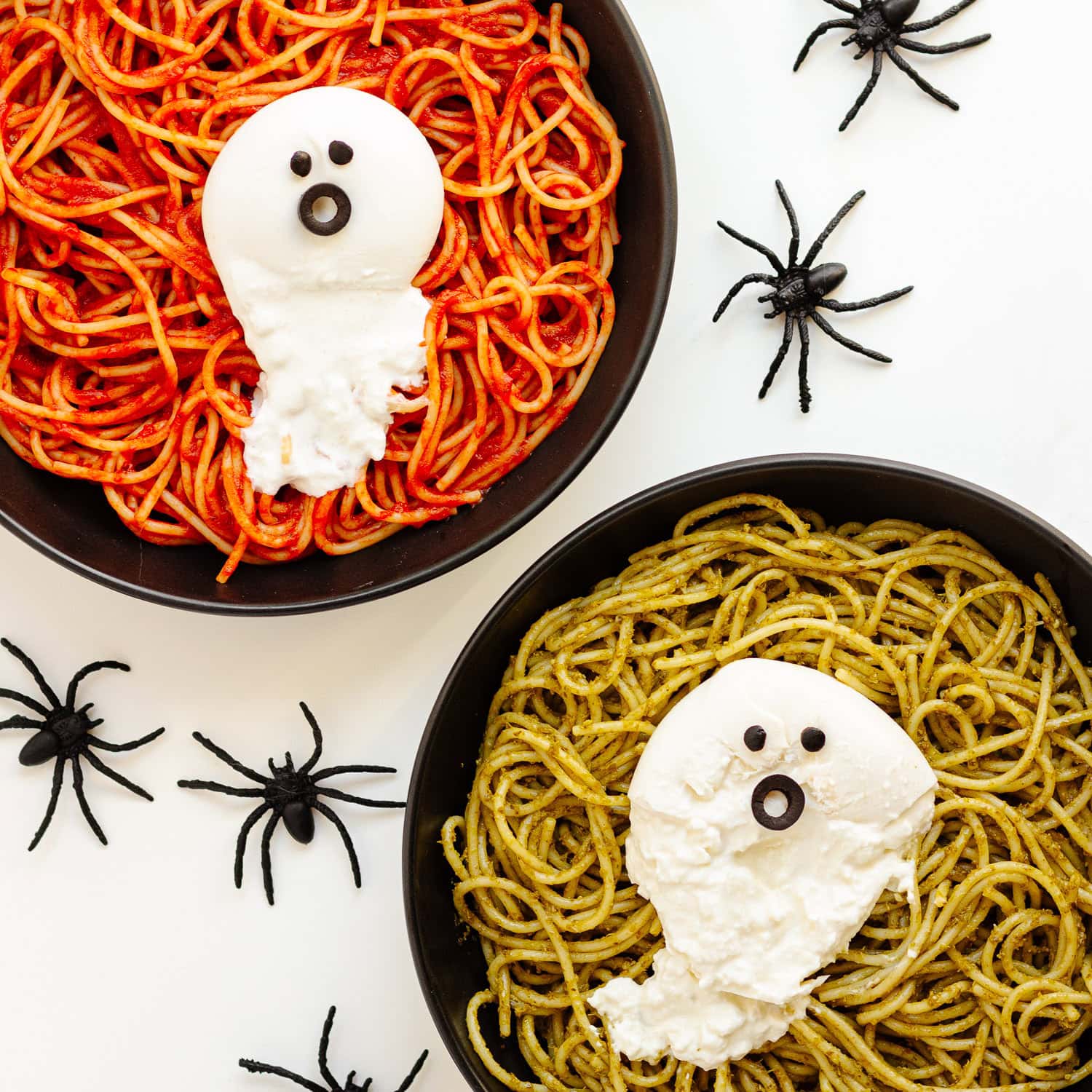Halloween Spaghetti with Burrata Ghosts | Maple + Mango