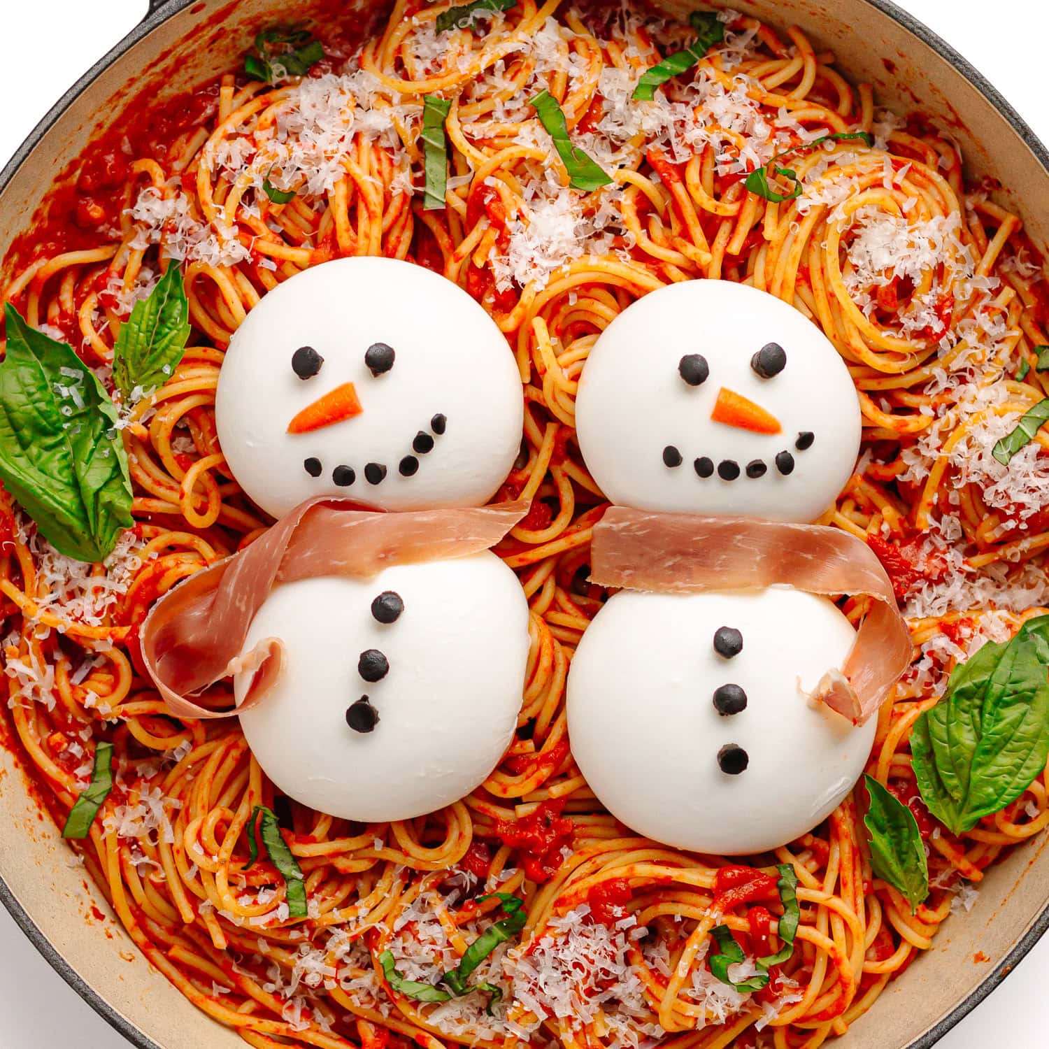 Easy Christmas Pasta with Burrata Snowmen | Maple + Mango