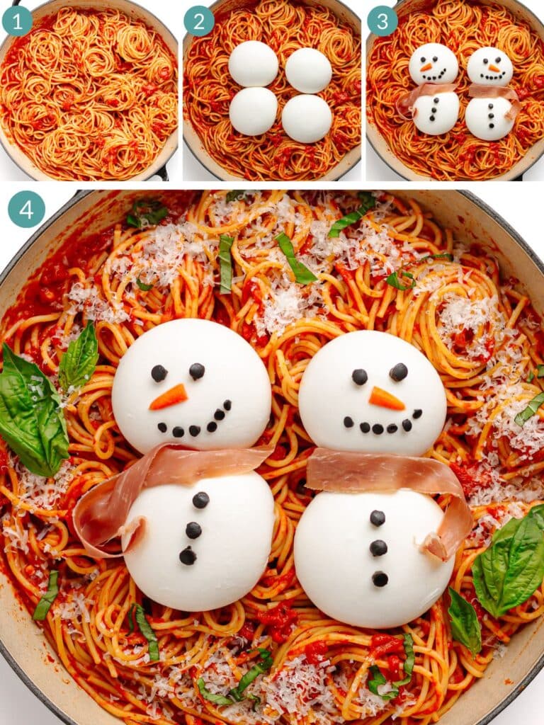 Easy Christmas Pasta with Burrata Snowmen | Maple + Mango